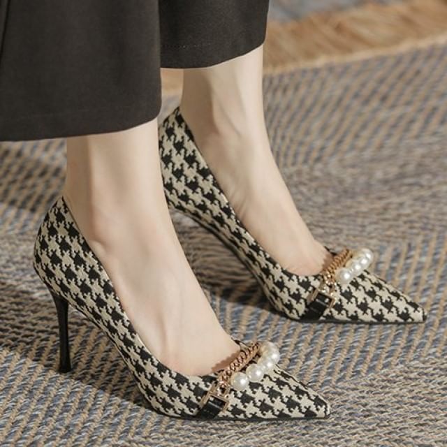 Jyote - Houndstooth Faux Pearl Stiletto Heel Pumps | YesStyle