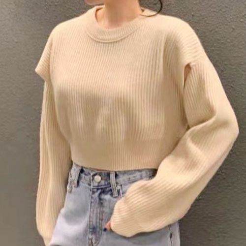 Minaga Crew Neck Plain Cutout Cropped Sweater Yesstyle