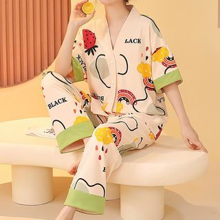 Lion Sniff - Pajama Set : Short-Sleeve Pattern Print Top + Pants | YesStyle