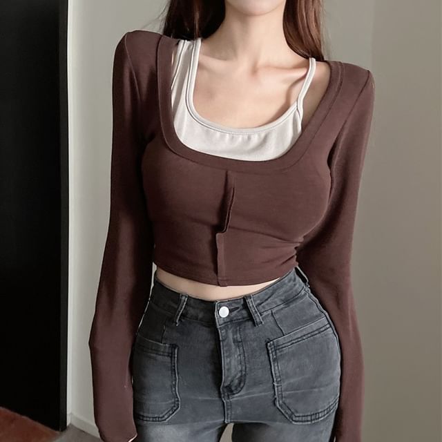 Moon City - Mock Two-Piece Long-Sleeve Two Tone Crop Top | YesStyle