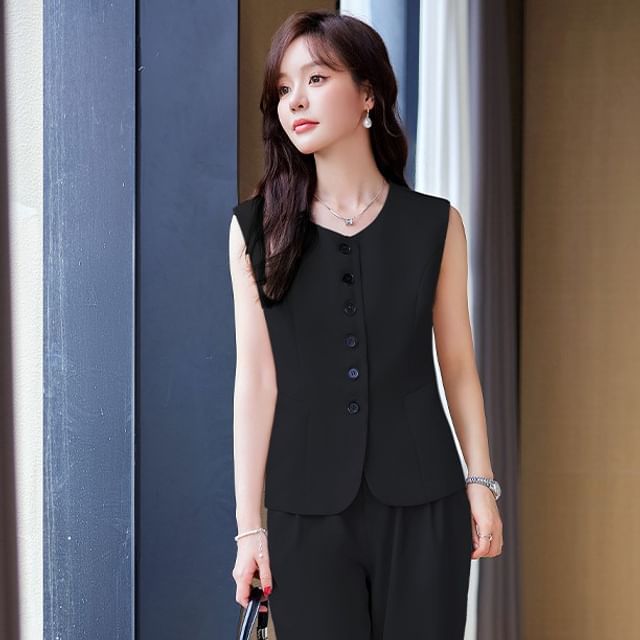 Princess Min - Plain Button Vest / Mid Waist Loose Fit Slacks | YesStyle