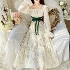 Moregirl - Long-Sleeve Square Neck Floral Print Bow Ruffle Panel Midi A ...