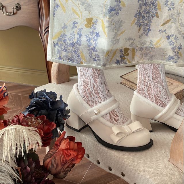 Stevvi - Chunky Heel Fluffy Trim Mary Jane Shoes | YesStyle