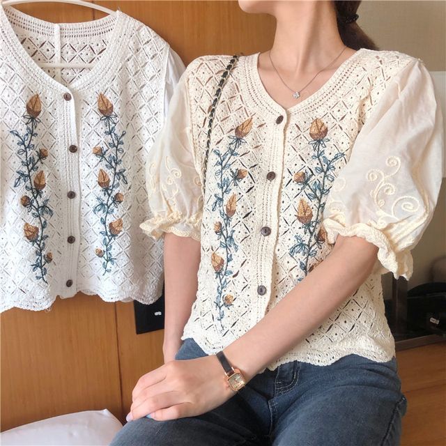 houdriea - Puff-Sleeve Flower Embroidered Pointelle Knit Top | YesStyle