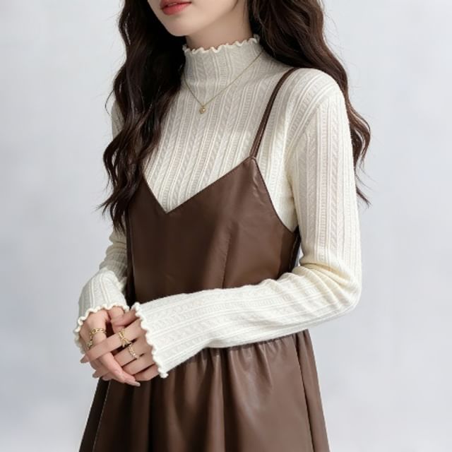 Strawolf - Ruffle Mock Neck Plain Ribbed Knitted Top | YesStyle