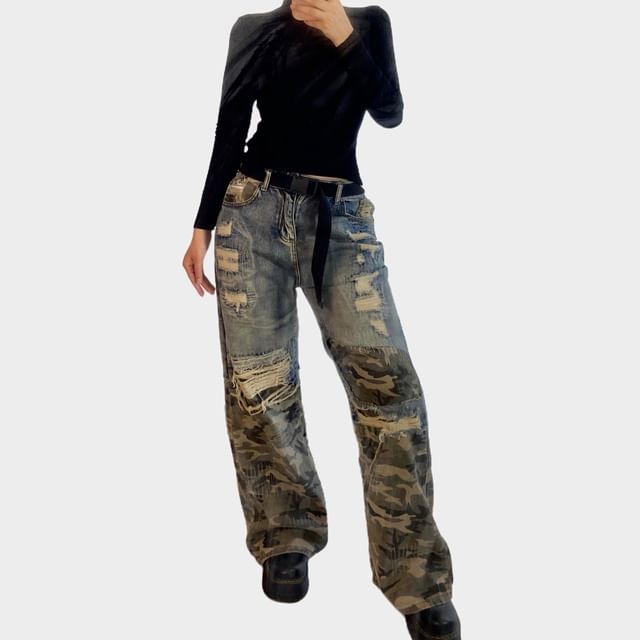 Phiyena - Mid Rise Camouflage Washed Panel Ripped Wide Leg Jeans | YesStyle