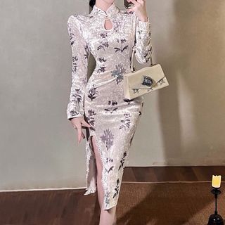 Yilda - Long-Sleeve Keyhole Front Print Midi Sheath Qipao | YesStyle