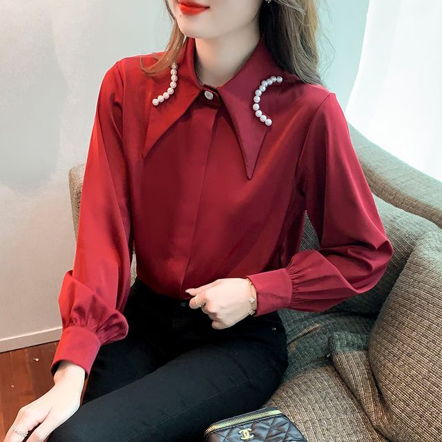 MAVIS - Long-Sleeve Pointed Collar Faux Pearl Trim Blouse | YesStyle