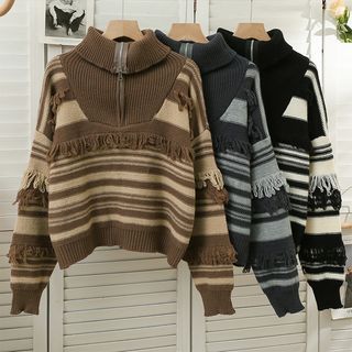 Lemongrass - Striped Zipper High-Neck Fringed Loose Sweater | YesStyle