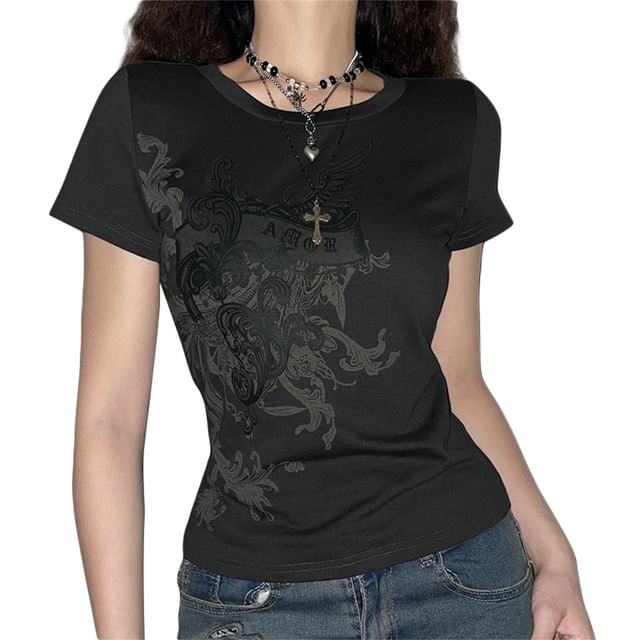 Sosana - Short Sleeve Graphic Print Slim-Fit T-Shirt | YesStyle