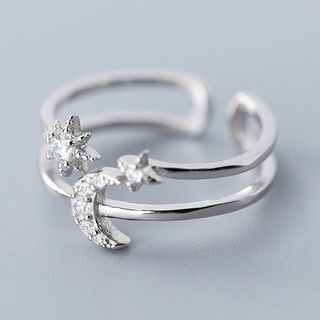 A’ROCH - 925 Sterling Silver Rhinestone Moon & Star Layered Open Ring ...