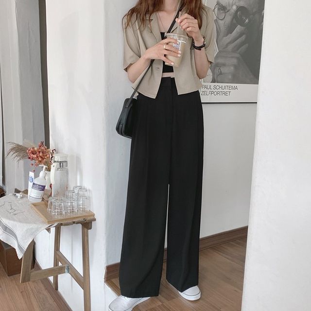 minaga - Short-Sleeve Cropped Blazer / Dress Pants | YesStyle