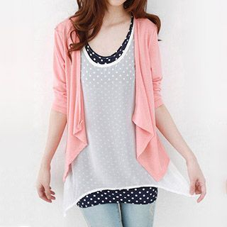 Rocho - Set: Open-Front Jacket + Layered Dotted Tank Top | YesStyle