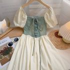 DIYI - Puff-Sleeve Square-Neck Panel Denim Dress | YesStyle