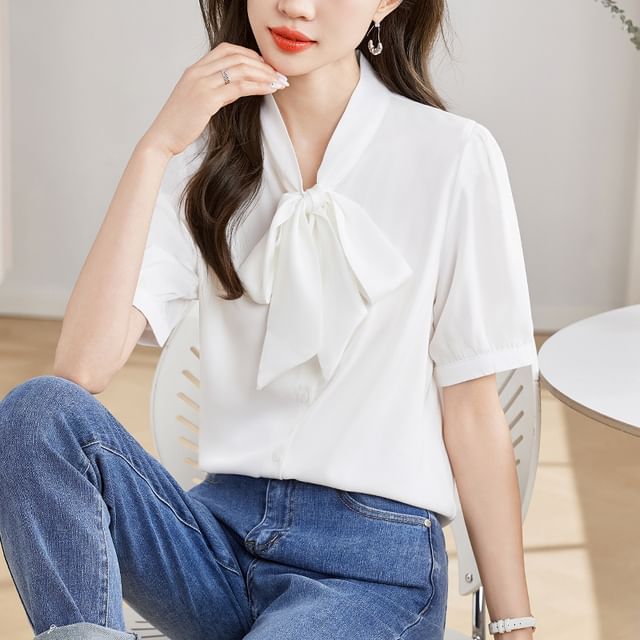 Kira Kira - Short-Sleeve Tie-Neck Plain Button-Up Satin Blouse | YesStyle