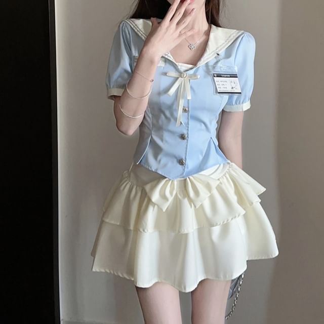Petit Lace - Puff-Sleeve Contrast Collar Button-Up Shirt / High Rise ...