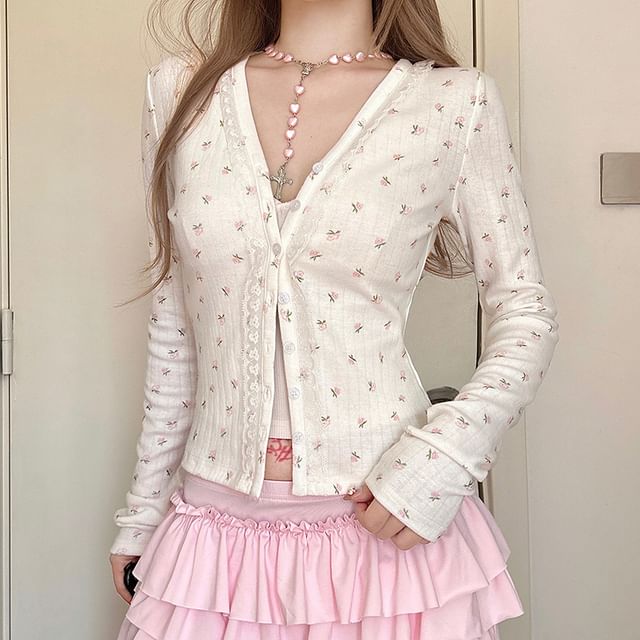 Sosana - Long Sleeve Floral Print Lace-Trim Slim-Fit Light Cardigan ...