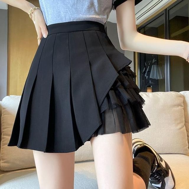 Rosesand - High Waist Plain Mesh Panel Mini A-Line Pleated Skirt | YesStyle