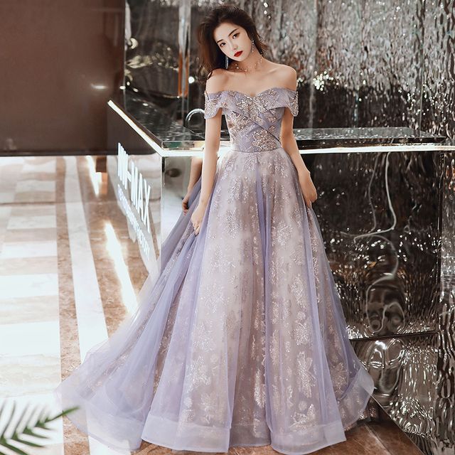 Ferim - Off Shoulder Embroidered A-Line Gown | YesStyle