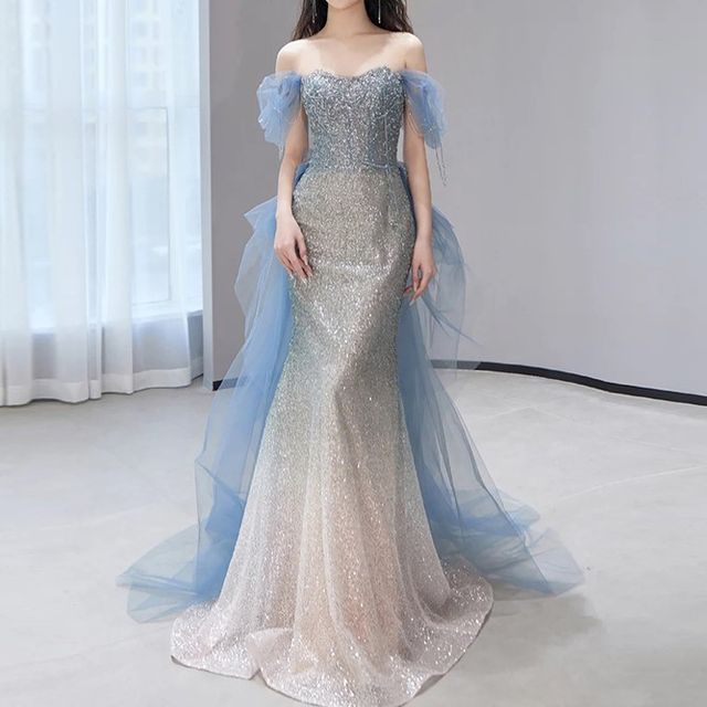 Caprice - Short-Sleeve Off Shoulder Gradient Sequin Panel Mesh Mermaid ...