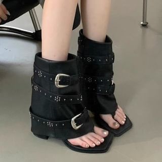 Vindler - Chunky Heel Square Toe Studded Buckled Short Thong Boots ...