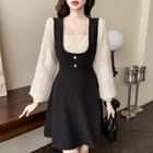 Daybreak - Mock Two-Piece Puff-Sleeve Square-Neck Two-Tone Ruffled Mini ...