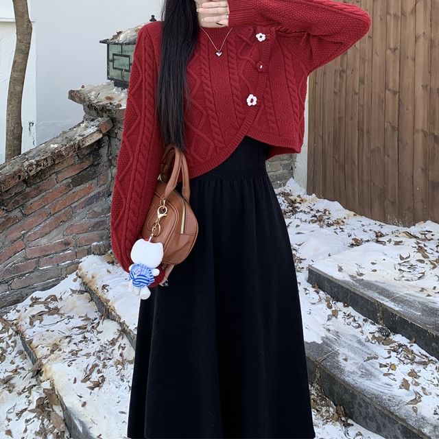 Shinsei - Long-Sleeve Crew Neck Floral Sweater / Spaghetti Strap Midi A ...