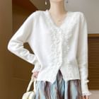 Odestra - V-Neck Plain Lace Trim Fringed Button-Up Cardigan | YesStyle