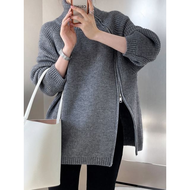 Angel Shine - Asymmetrical Diagonal-Zipper Turtleneck Sweater | YesStyle
