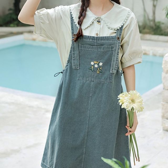sansweet - Embroidered Washed Denim A-Line Jumper Dress / Short-Sleeve ...