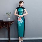 TEALI - Cap-Sleeve Floral Color Block Slit Maxi Qipao | YesStyle