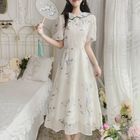 Moregirl - Short Sleeve Collared Floral Print Embroidered Midi A-Line ...