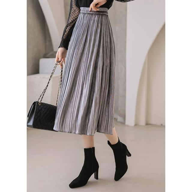 Styleonme - Midi Lamé Crystal-Pleat Skirt | YesStyle