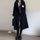 Nanachan - Collared Plain Midi Double Breasted Coat with Name Badge ...