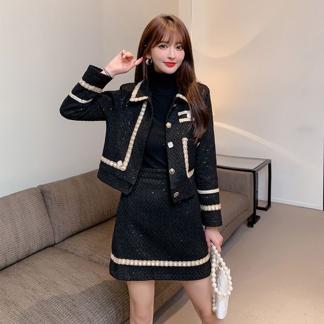 Tulik - Set : Single-Button Gold Silk Lapel Jacket + Mini Skirt | YesStyle