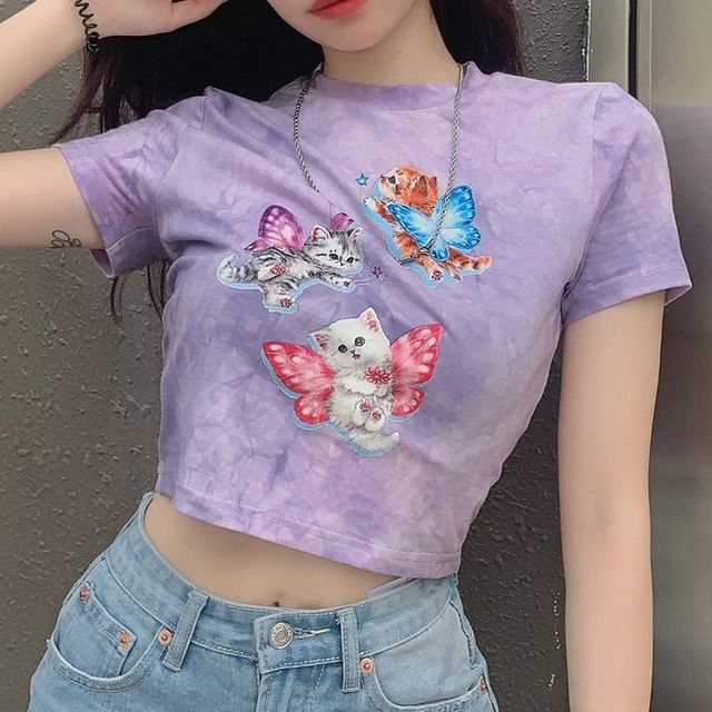 Cincine - Short-Sleeve Kitten Print T-Shirt | YesStyle