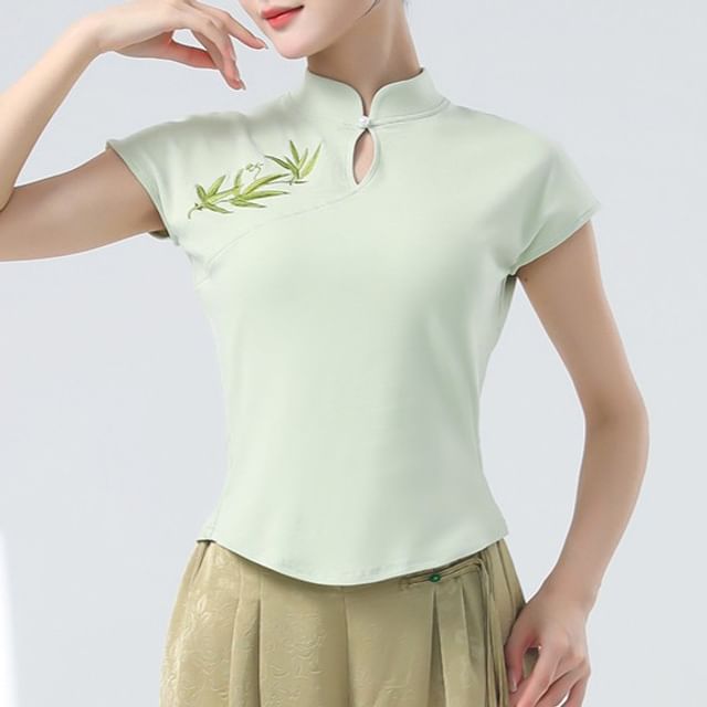 femmal - Cap Sleeve Mandarin Collar Leaf Embroidered Keyhole Top | YesStyle