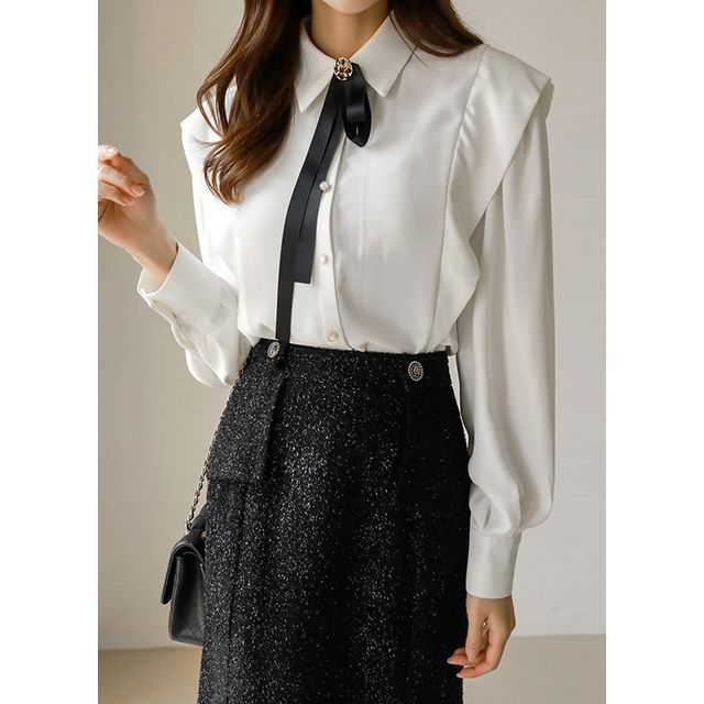 Styleonme - Ruffle-Trim Blouse with Ribbon Brooch | YesStyle