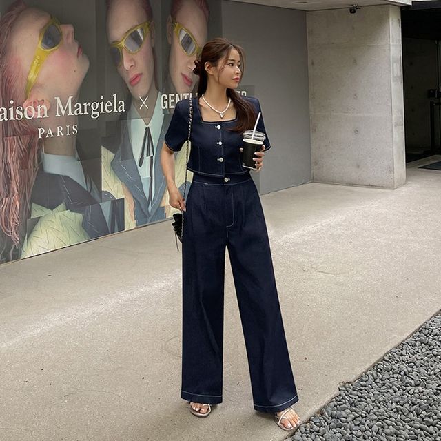 DABAGIRL - Denim Matching Set: Crop Jacket + Wide Pants | YesStyle