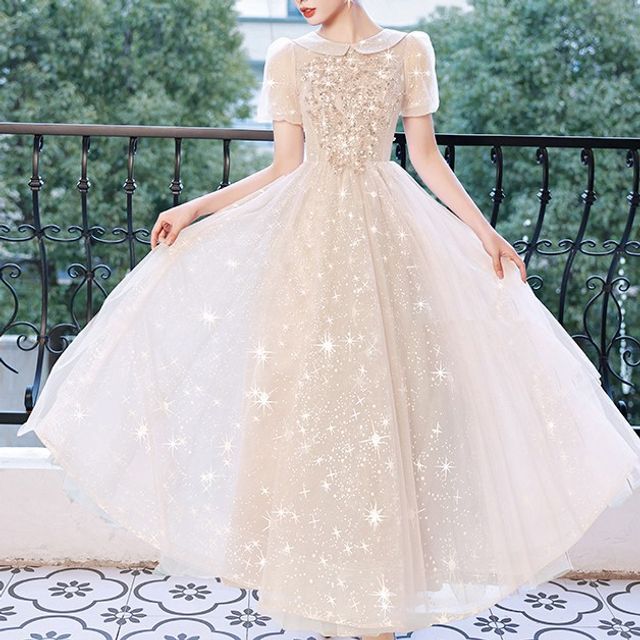 Caprice - Short-Sleeve Collar Rhinestone Cocktail Dress (Various ...