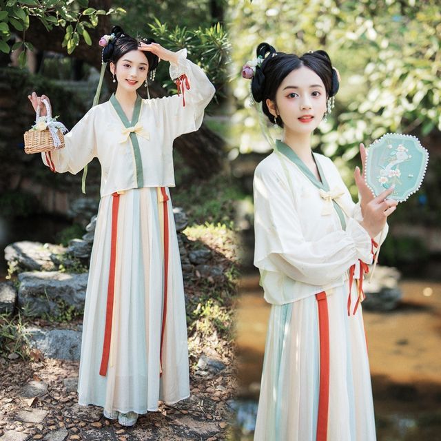 Tangier - Short-Sleeve V-Neck Fruit Print Hanfu Top / Long-Sleeve Scoop ...