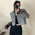 MELLO - Stand Collar Tweed Faux Leather Panel Button-Up Crop Jacket ...