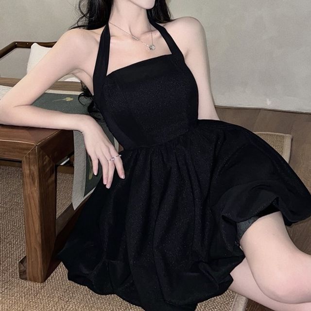 Shinsei - Halter Neck Plain Mini A-Line Dress | YesStyle