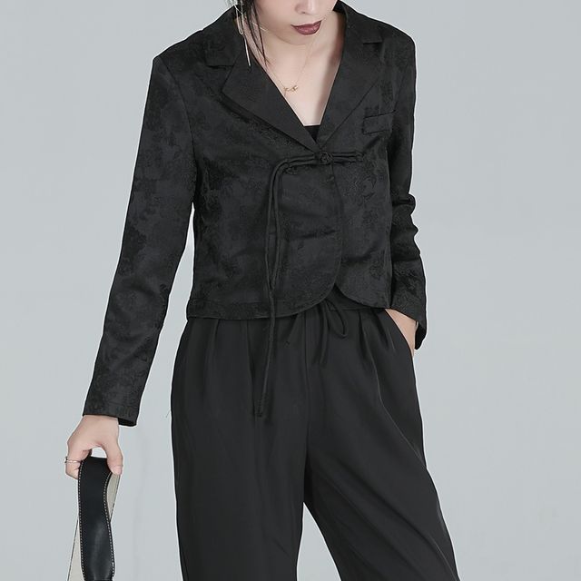 SIMPLE BLACK - Jacquard Crop Frog Button Blazer | YesStyle