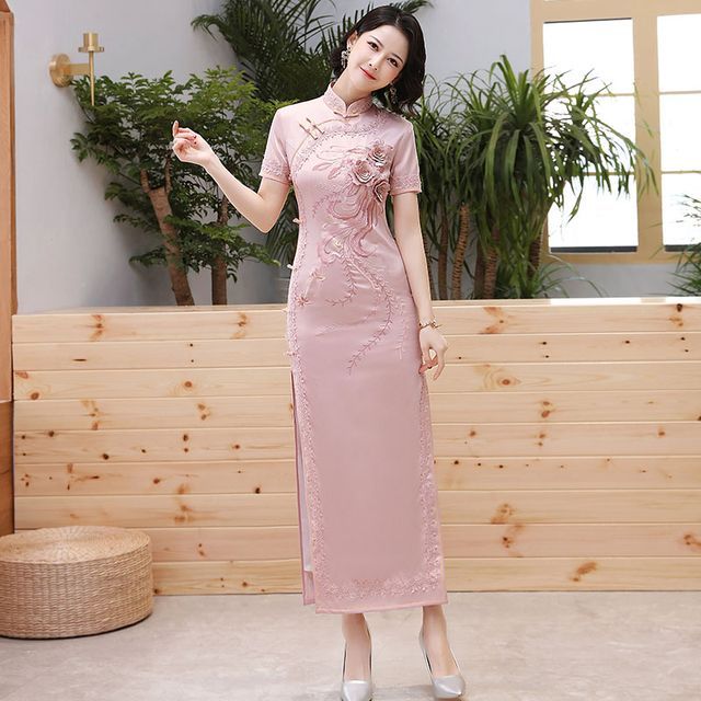 TEALI - Short-Sleeve Floral Embroidered Slit Maxi Qipao | YesStyle