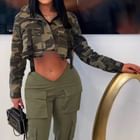 Chararon - Stand Collar Camo Print Buckled Zip-Up Crop Cargo Jacket ...