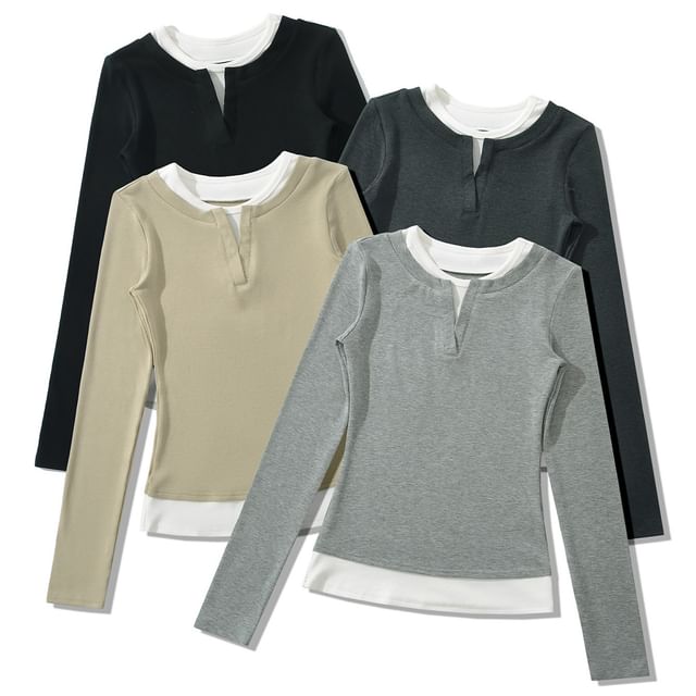 Klevy - Mock Two-Piece Long-Sleeve Notch Neck Two Tone Tee | YesStyle