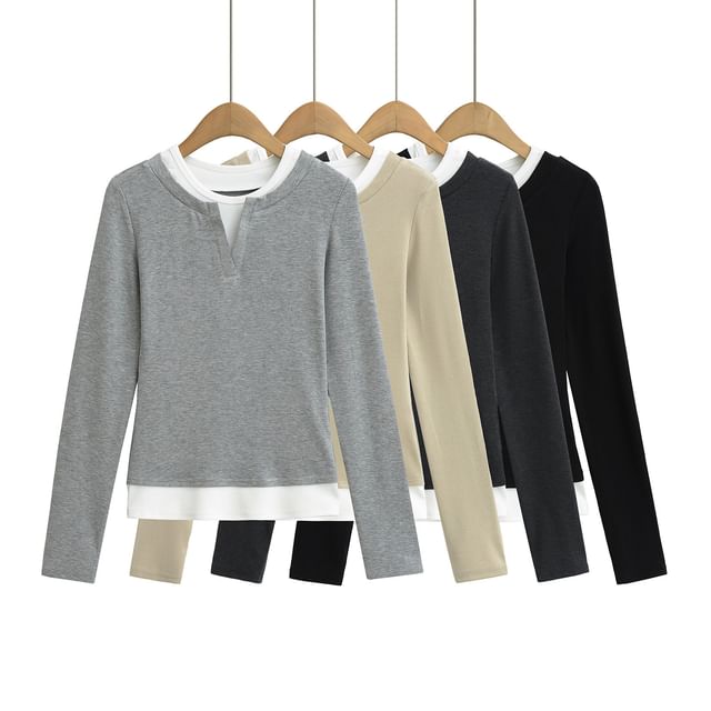 Asiris - Mock Two-Piece Long-Sleeve Crew Neck Two Tone Slim Fit T-Shirt ...