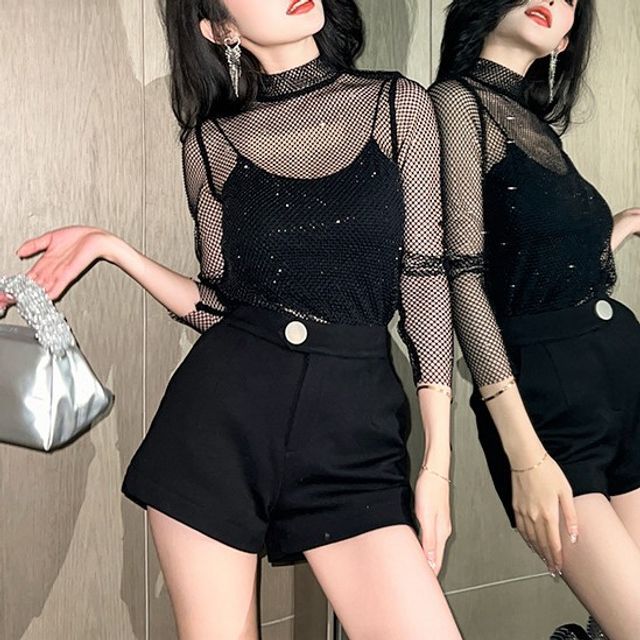 ZY·HT - Long-Sleeve Mock Neck Plain Fishnet Top | YesStyle