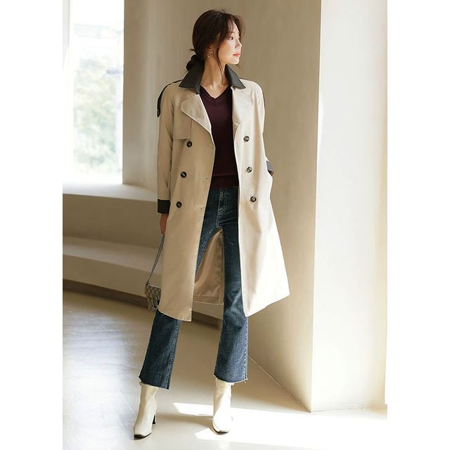 Styleonme - Belted Sheepskin-Panel Trench Coat | YesStyle